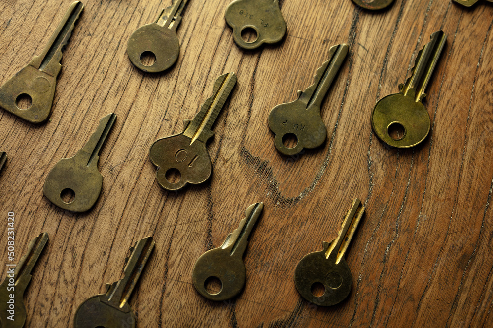 Encryption and Security concept image. Old and vintage keys, arranged ...