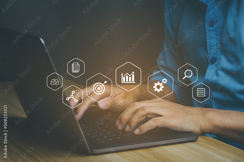 Businessman working with laptop, business analytics concept with ...