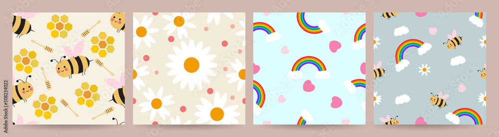 Set of cute seamless pattern vector. Adorable bees, honey, daisy ...