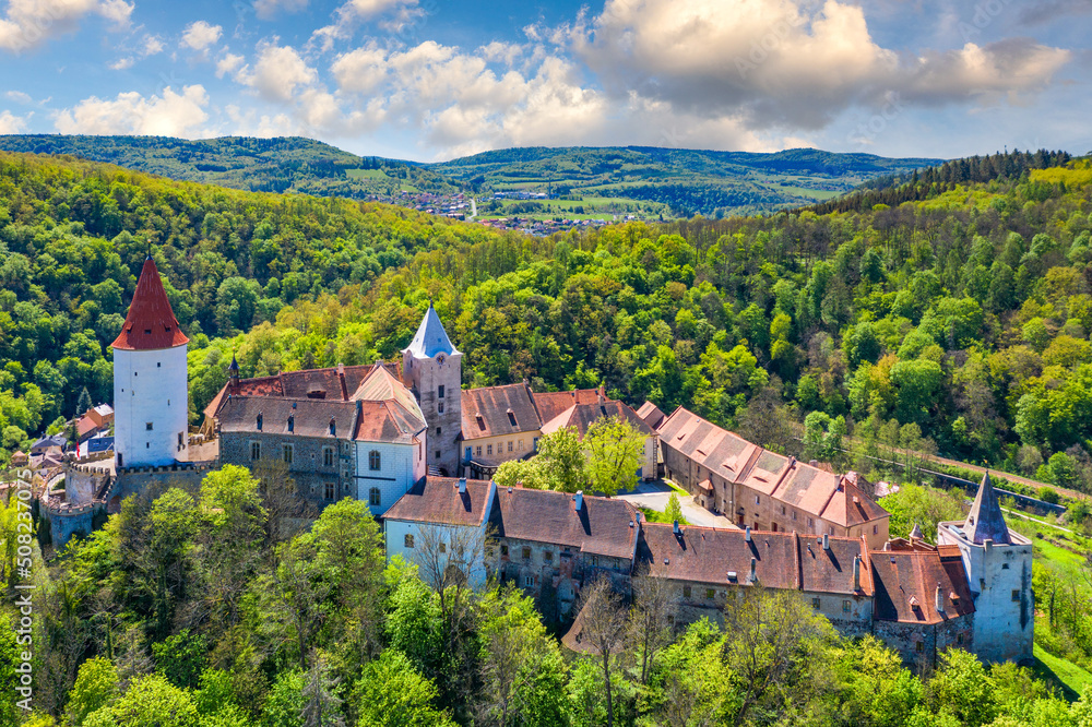 Aerial view of castle Krivoklat in Czech republic, Europe. Famous Czech ...