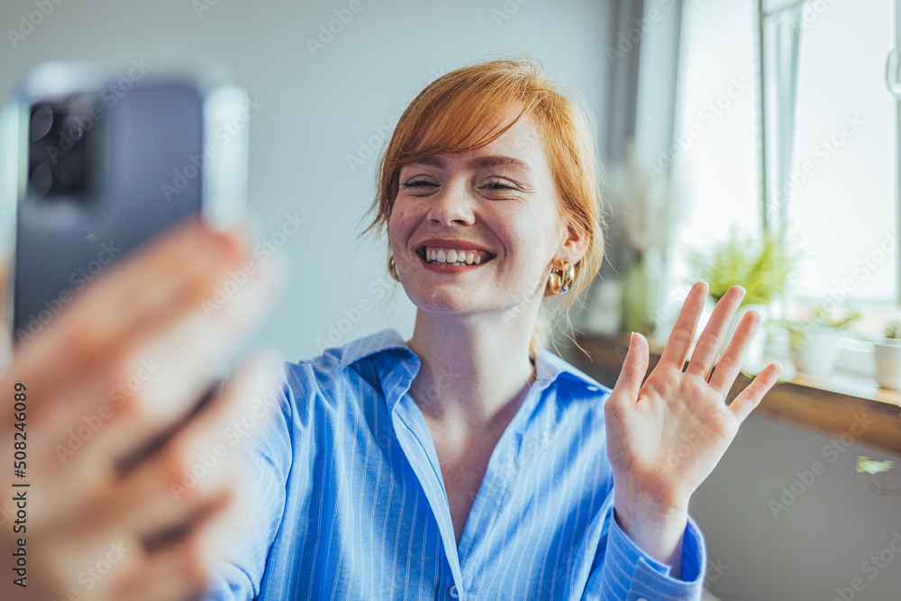 Happy beautiful gen z teen girl blogger smiling face waving hand ...
