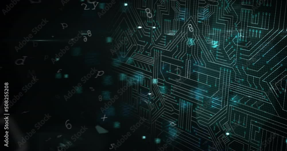 Multiple changing numbers and letters against security padlock icon and microprocessor ...