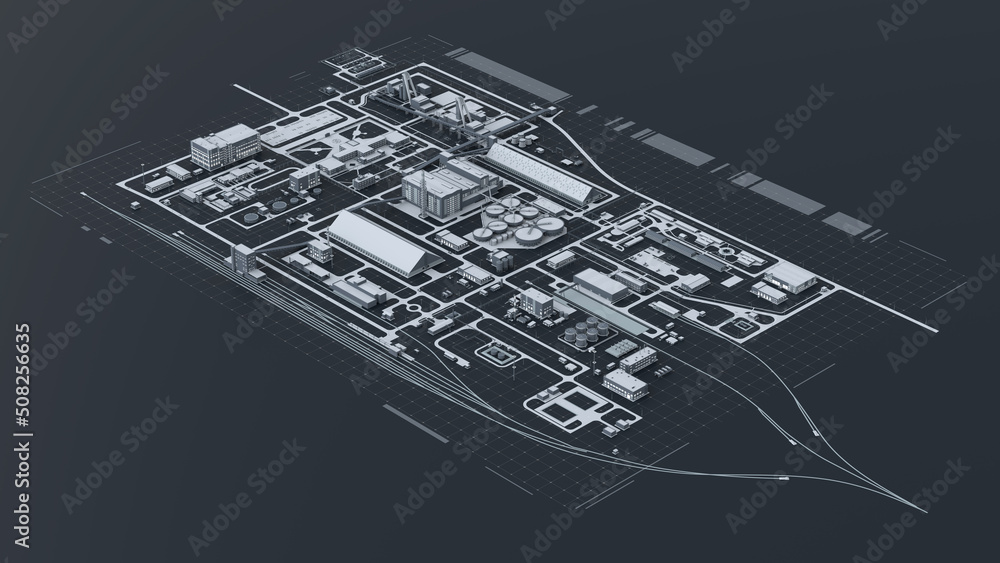 Industrial infrastructure in isometry on a dark background. The ...