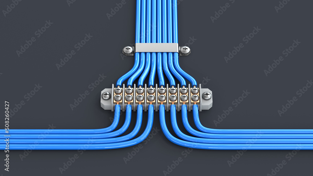 Terminal block with blue wires on a dark background. Electrical cables ...