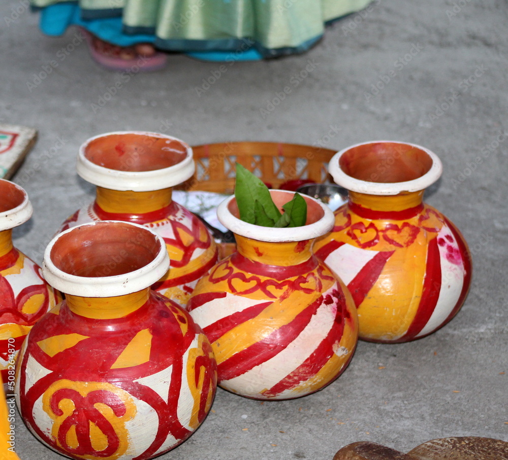 Bengali wedding kolshi design that are used for couple marriage. Stock ...