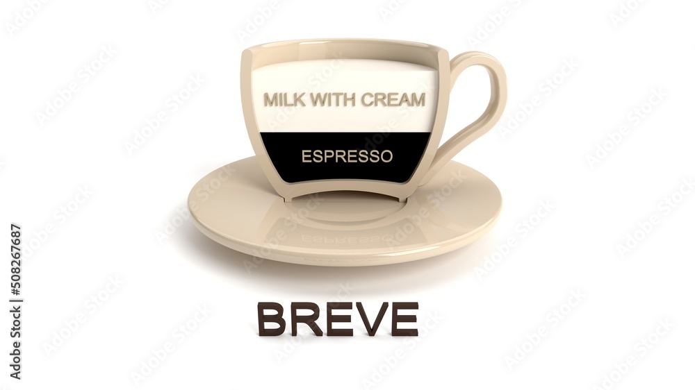 Cutaway coffee cup. Breve coffee. Cup on a white background. Types of ...