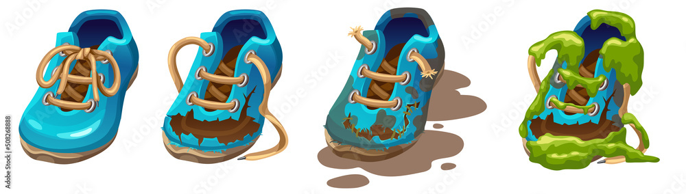 Boot in moss and swamp lichen. New clean and dirty old shoes smeared in ...