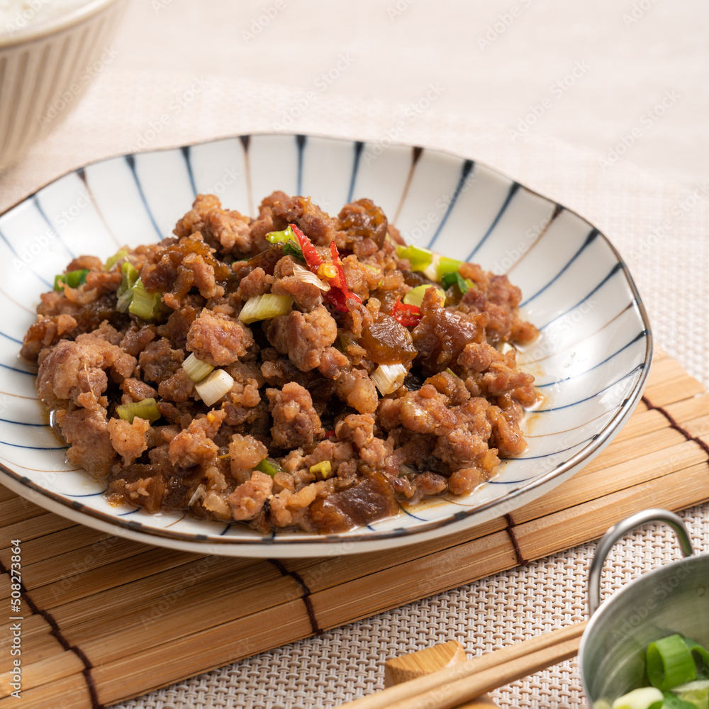Taiwanese fried minced pork with pickled cucumber on rice named GUA ZI ...