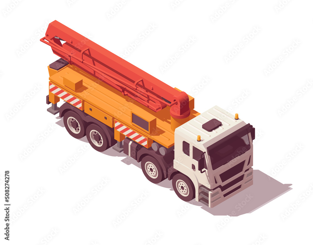 Isometric concrete pump truck. Isolated low poly pump truck on white ...
