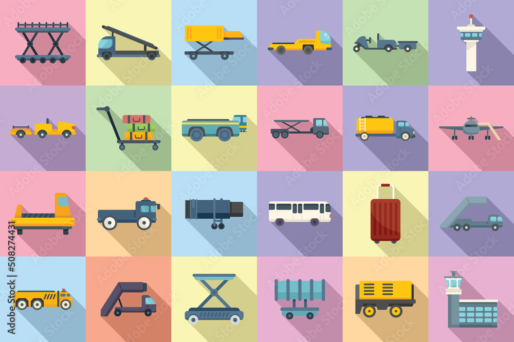 Airport ground support service icons set flat vector. Cargo aero Stock ...