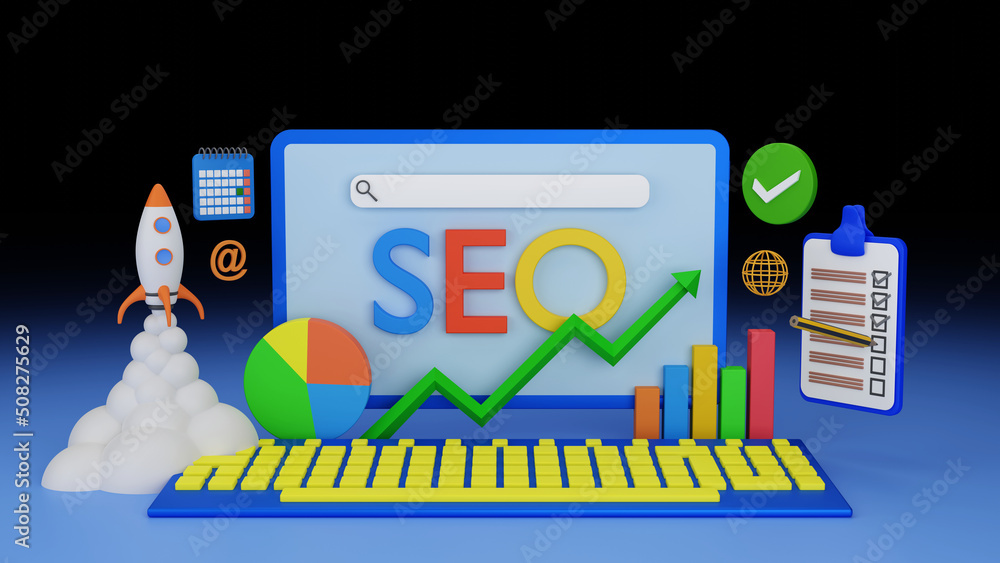 Seo, search engine optimization analysis. Desktop computer with ...