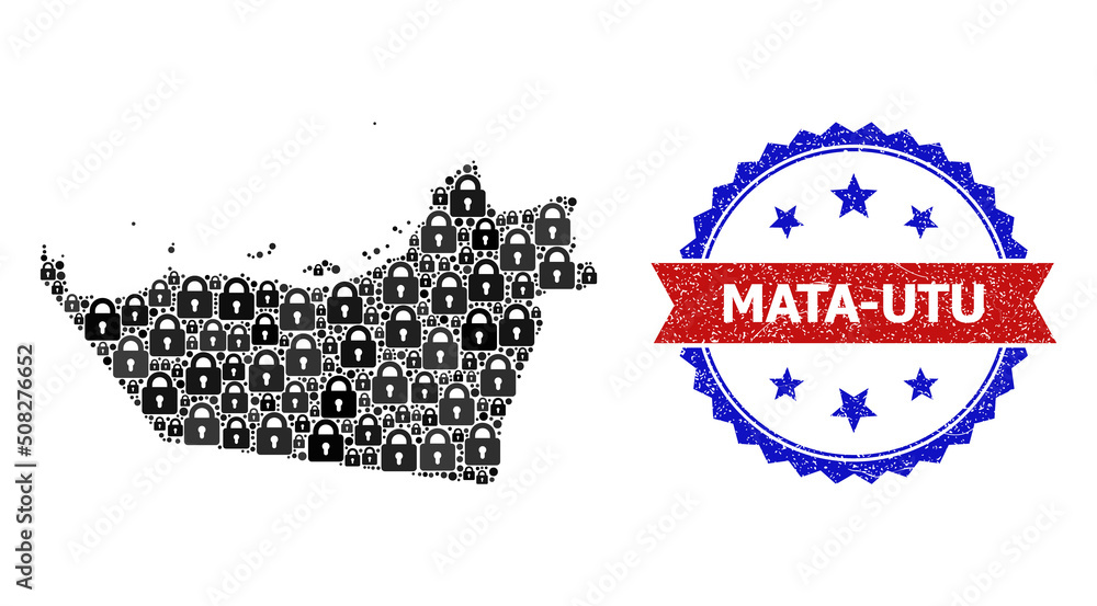 Shield mosaic map of Abu Dhabi Emirate, and bicolor unclean Mata-Utu seal stamp. Vector stamp ...