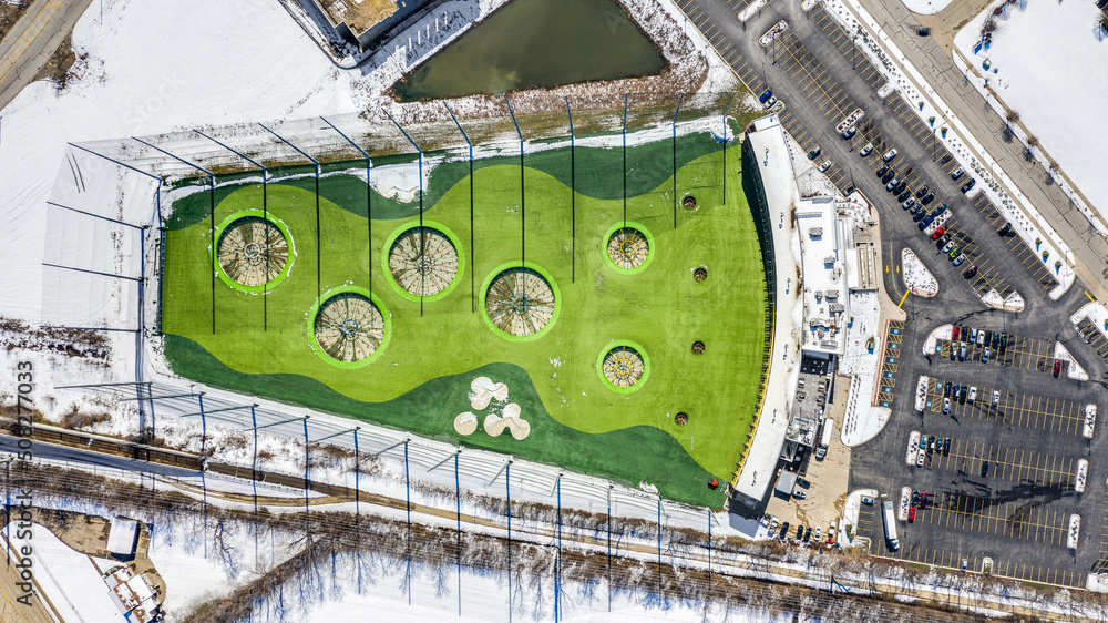 NAPERVILLE, IL, USA - APRIL 15, 2019: A drone / aerial view of TopGolf ...