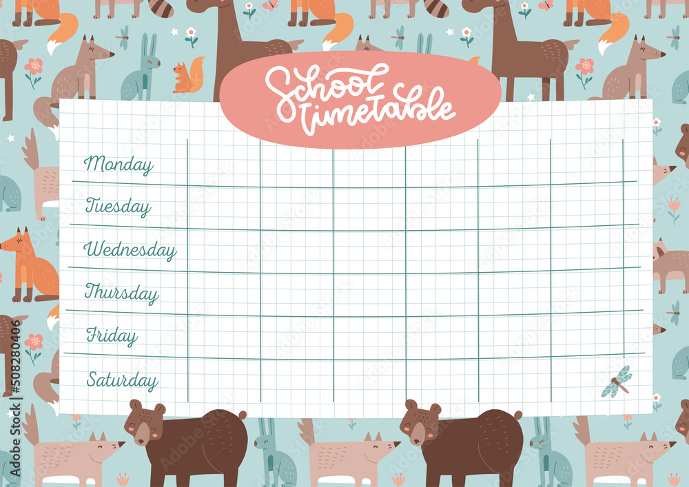 School timetable 4a sheet ready for print. Weekly planner for kids with ...