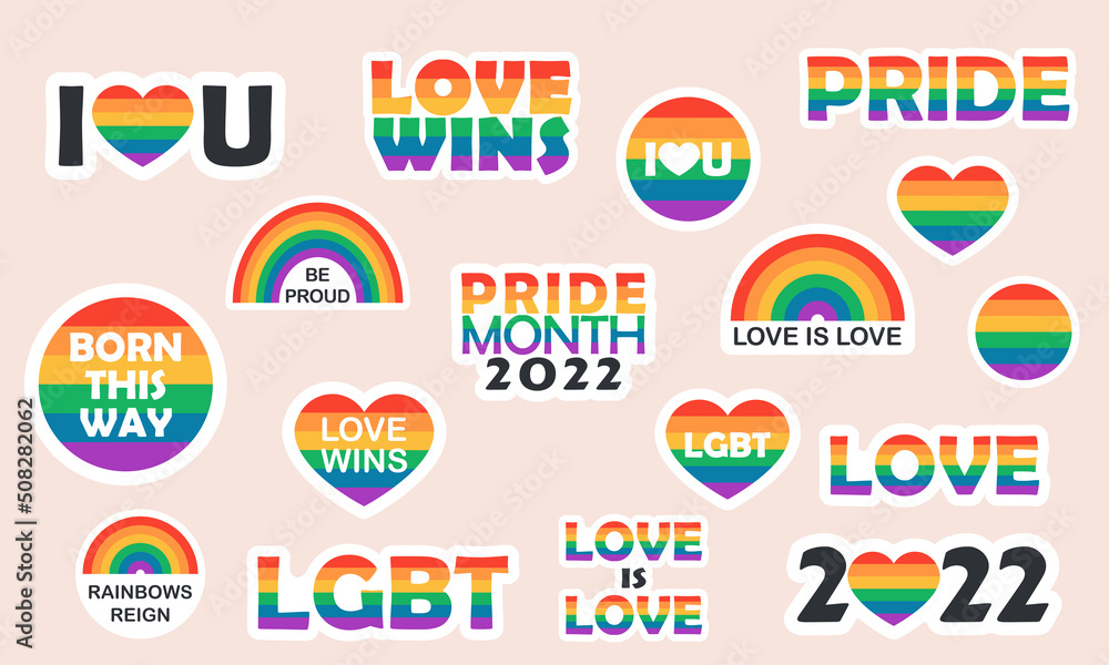 Vector set of LGBTQ community slogan sticker with rainbow flag elements ...