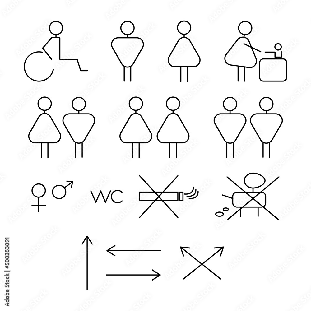 oilet line icon set. WC sign. Men,women,mother with baby and handicap ...