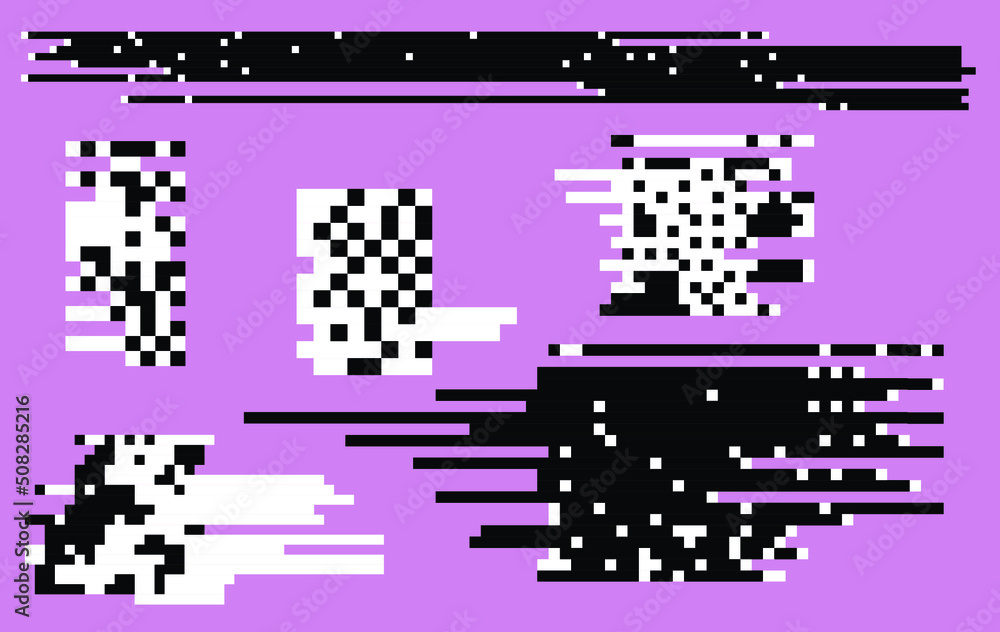 Collection of vector 1-bit pixel art elements for design. Bitmap retro style textures with ...