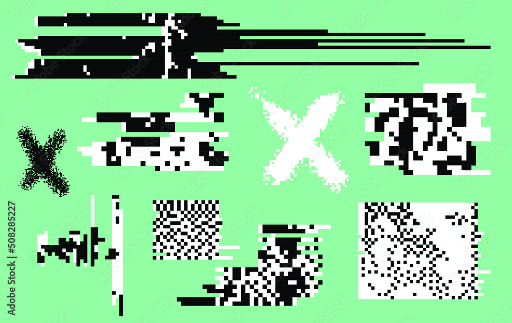 Collection of vector 1-bit pixel art elements for design. Bitmap retro ...