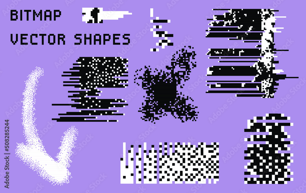 Collection of vector 1-bit pixel art elements for design. Bitmap retro ...