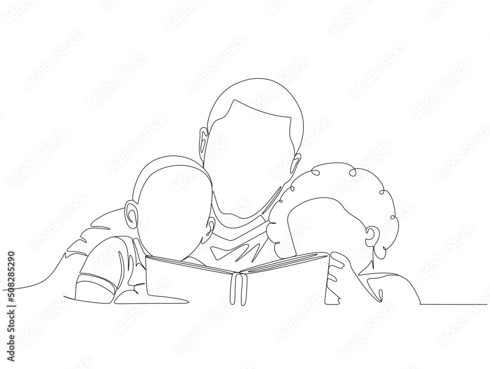 One single line drawing of a parent reading a book to their children ...
