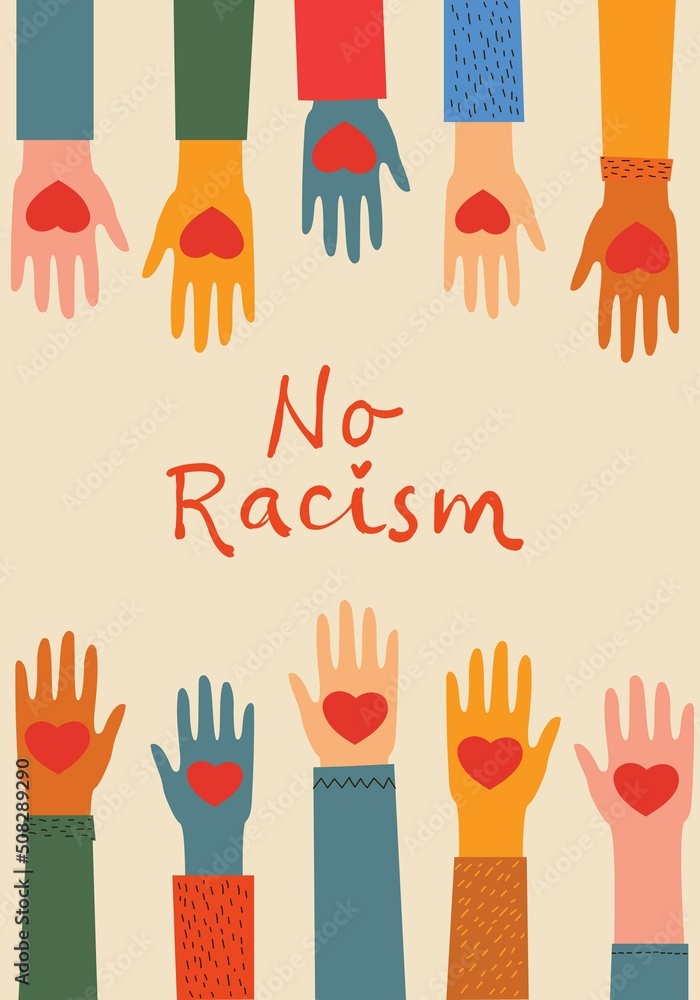No racism. Characters of different nationalities are hugging, a poster ...