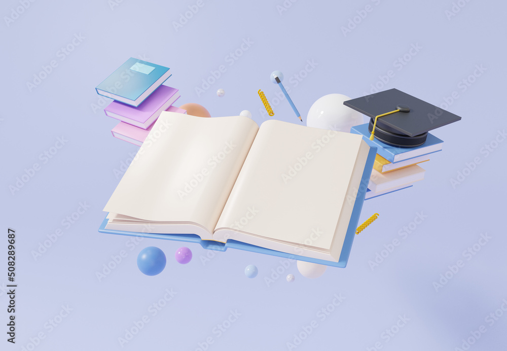 Open book floating on pastel background. Minimal cartoon graduation cap ...