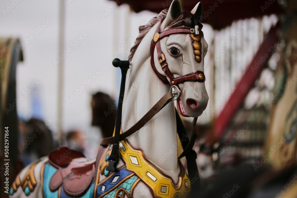 Retro carousel white, black horse. Old wooden horse carousel. Carousel ...