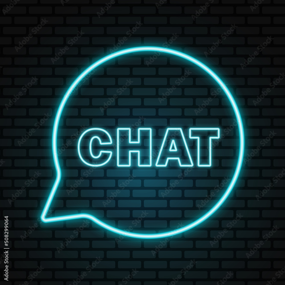 Chat neon signboard. Neon blue letters into glowing frame on dark brick ...