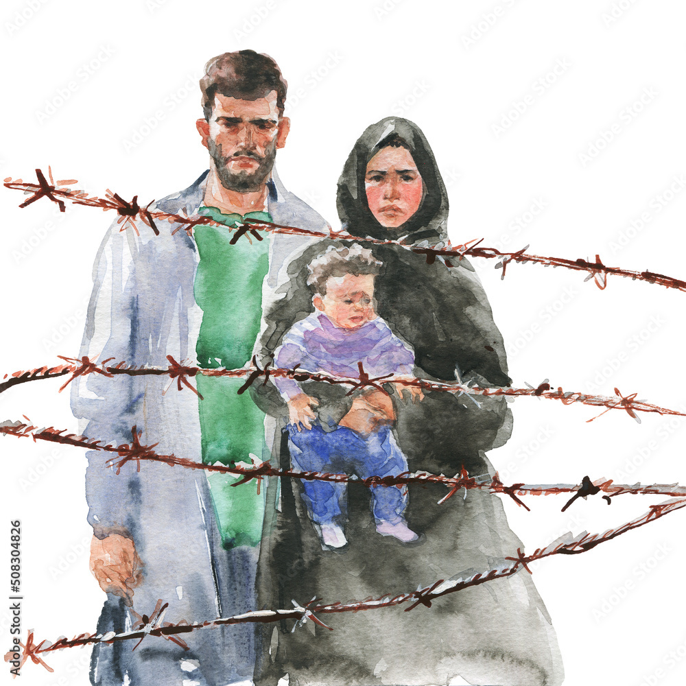 Woman, man and child, refugees. Muslim family and barbed wire, border ...