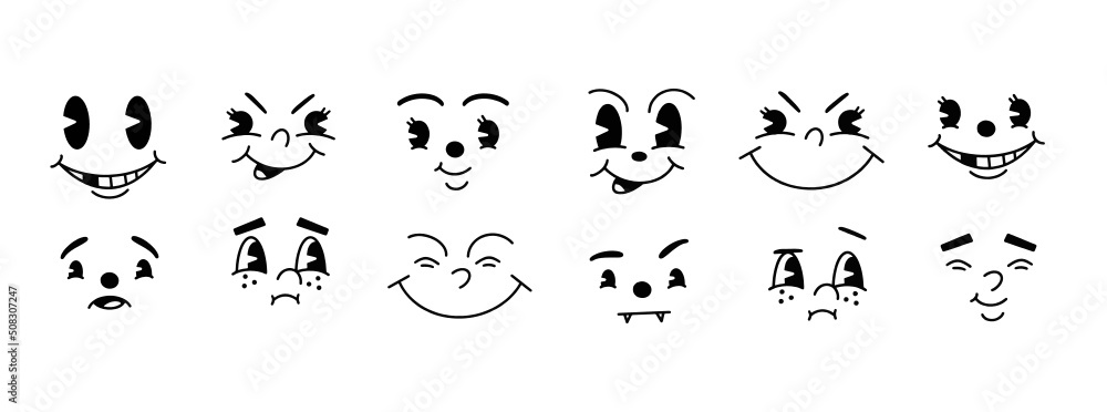 Retro 30s cartoon mascot characters funny faces. 50s, 60s old animation ...