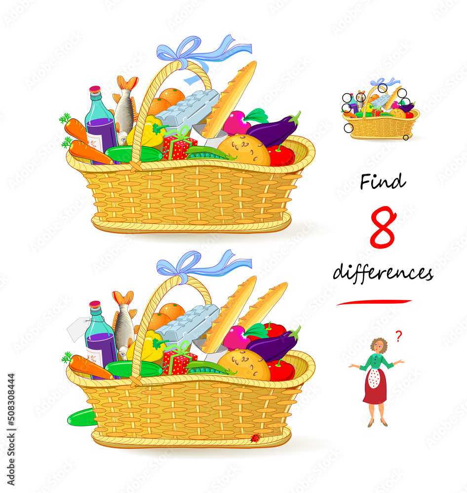 Find 8 differences. Food basket illustration. Logic puzzle game for ...