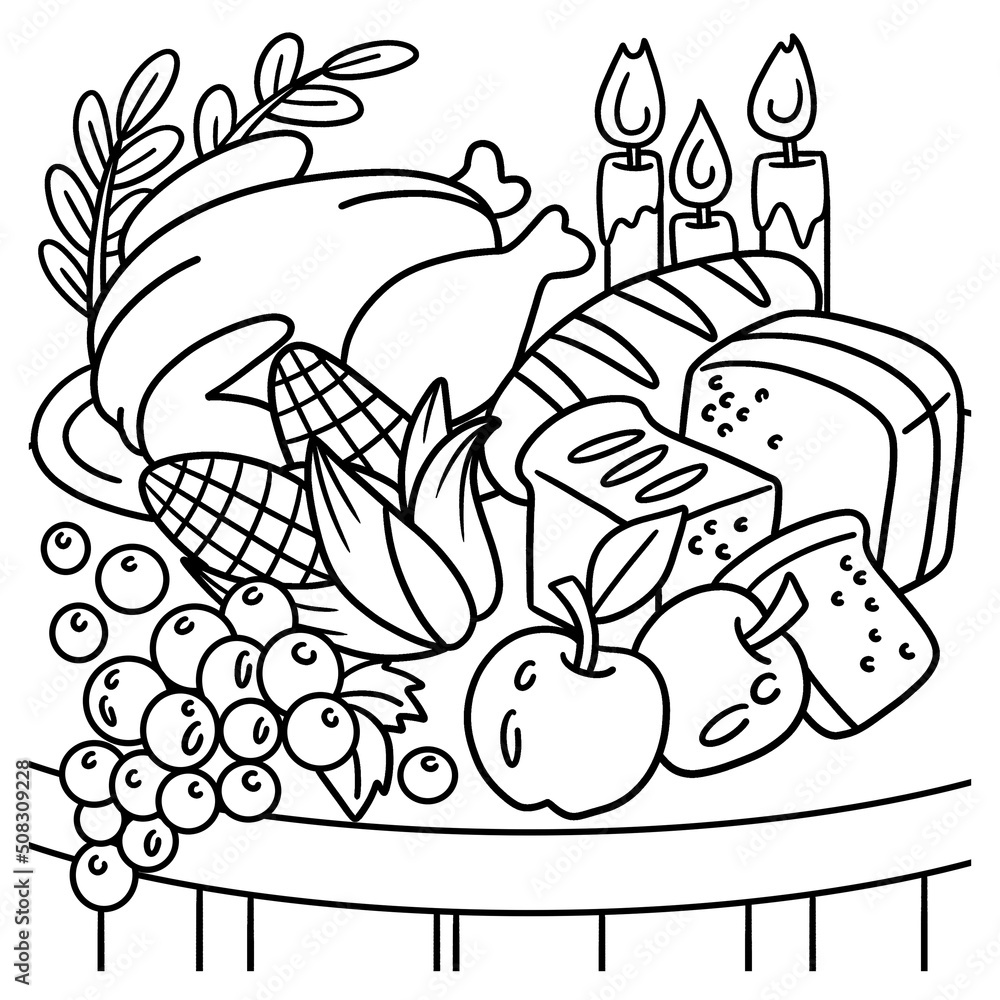 Thanksgiving Feast Coloring Page for Kids Stock Vector | Adobe Stock