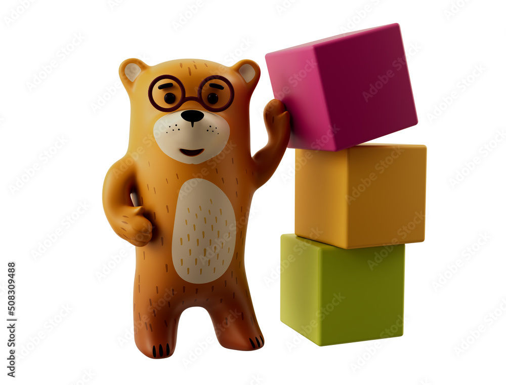Bear with boxes, cubes. Realistic 3d cartoon style design. 3d render ...