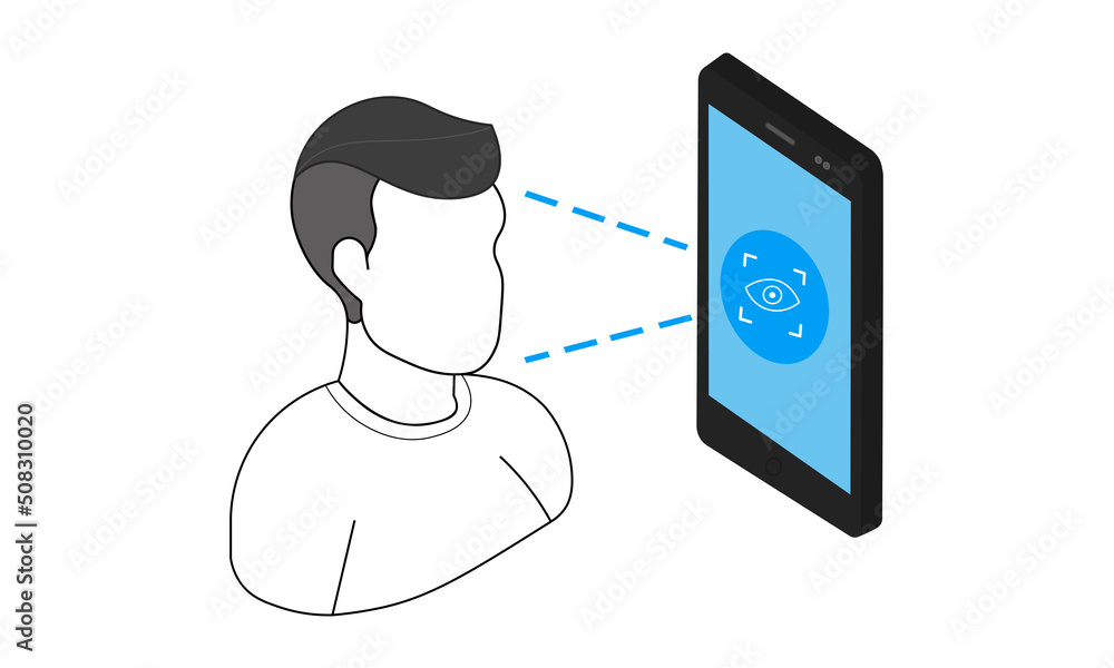 Isometric phone with eye icons on the screen. 3d eye scanning process ...