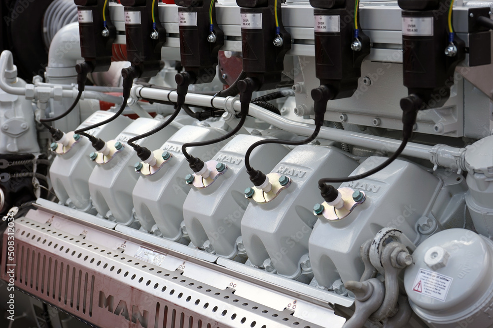 Moscow Russia - May 2022: A close-up shows a powerful industrial diesel ...
