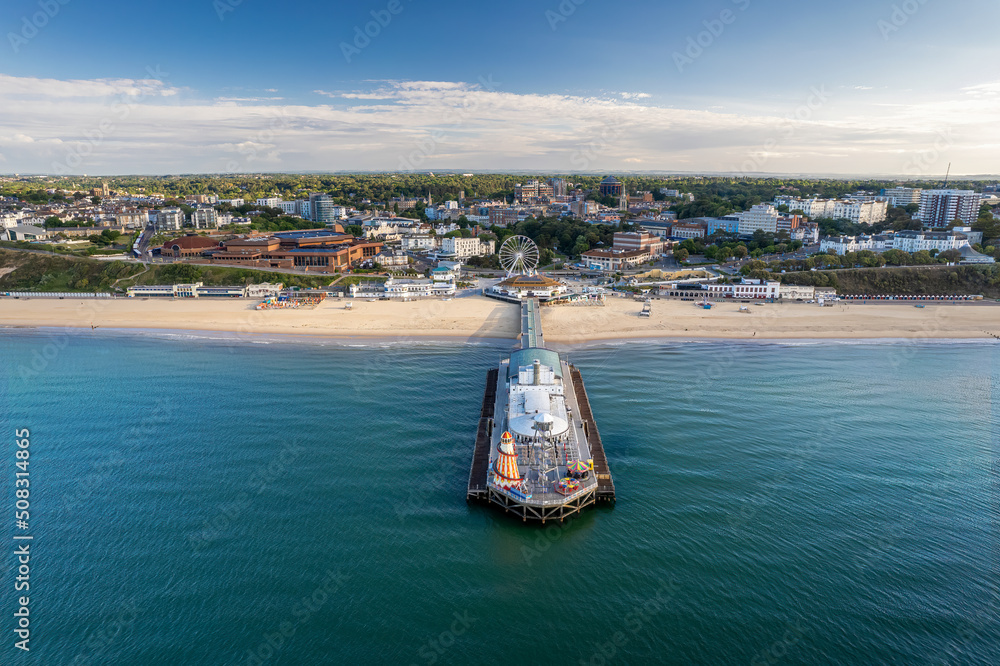 The drone aerial view of the Bournemouth beach, Observation Wheel and ...