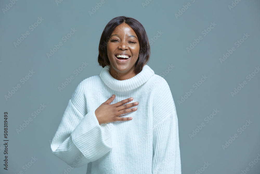 Joyful african american woman laughing at joke. Black girl giggle ...