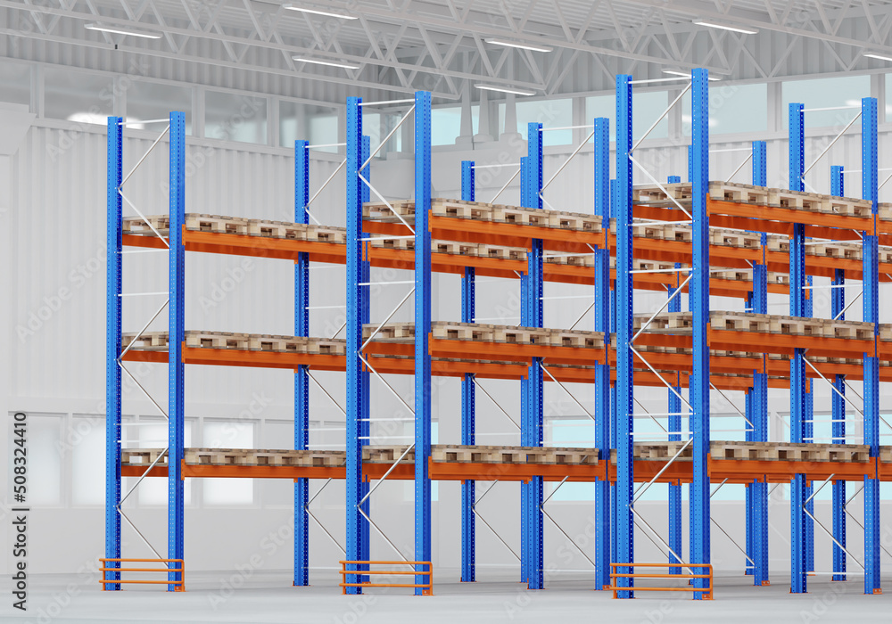 Empty warehouse. Multi-tier racks with pallets. Warehouse visualization ...