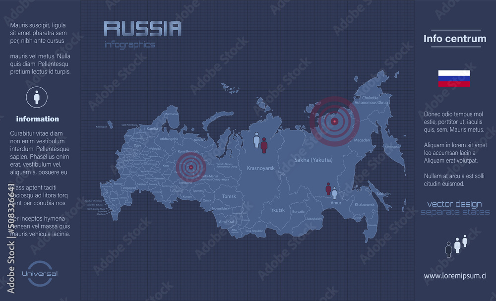 Russia map, separate regions with names, infographics blue flat design ...