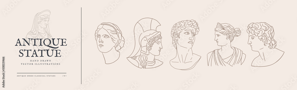 Set of antique heads in linear style. Ancient Greek gods for design of ...