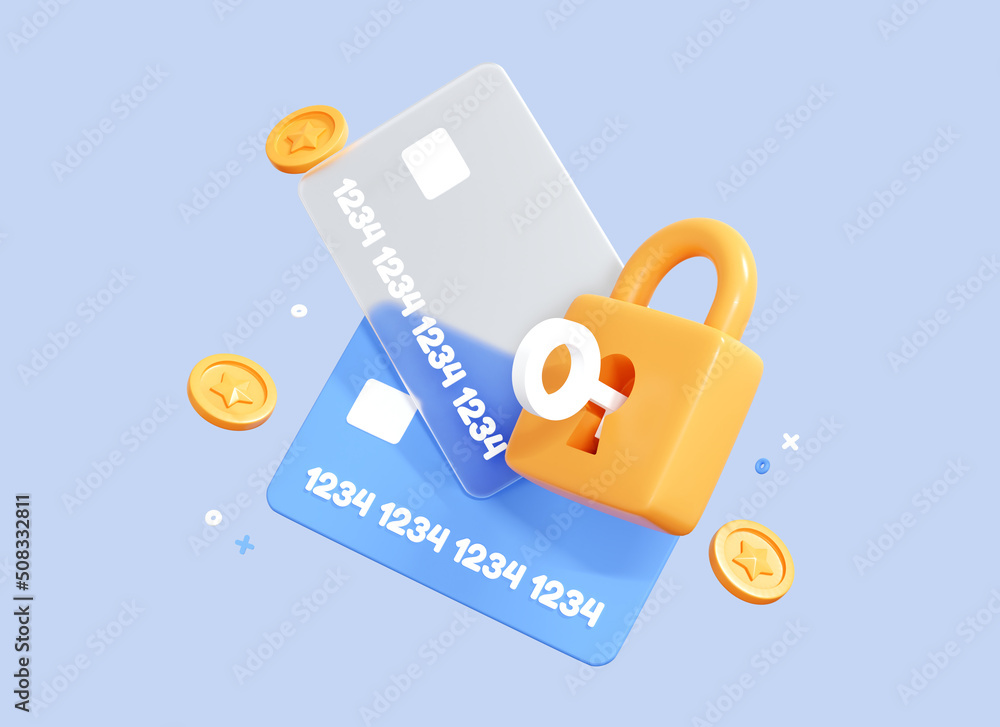 3D Credit card with Lock. Blocked money in bank account. Protection for ...