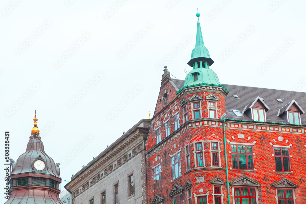 Danish architecture with spire . Red bricks building in Scandinavia ...
