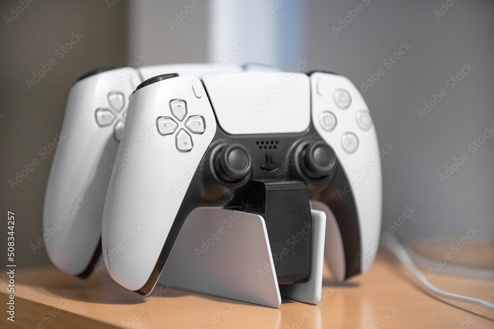 Budva, Montenegro, - May 09, 2022: Two innovative DualSense wireless ...