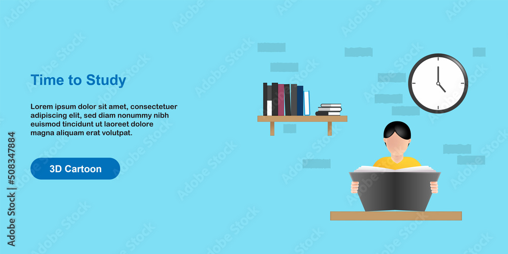 School education banner. 3D cartoon style time to study, reading a book ...