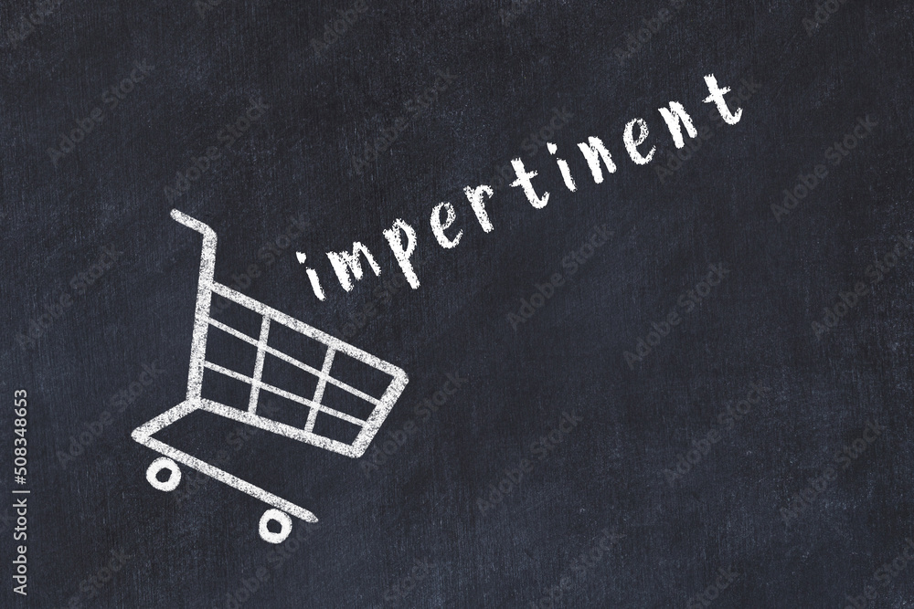 Chalk drawing of shopping cart and word impertinent on black chalboard ...