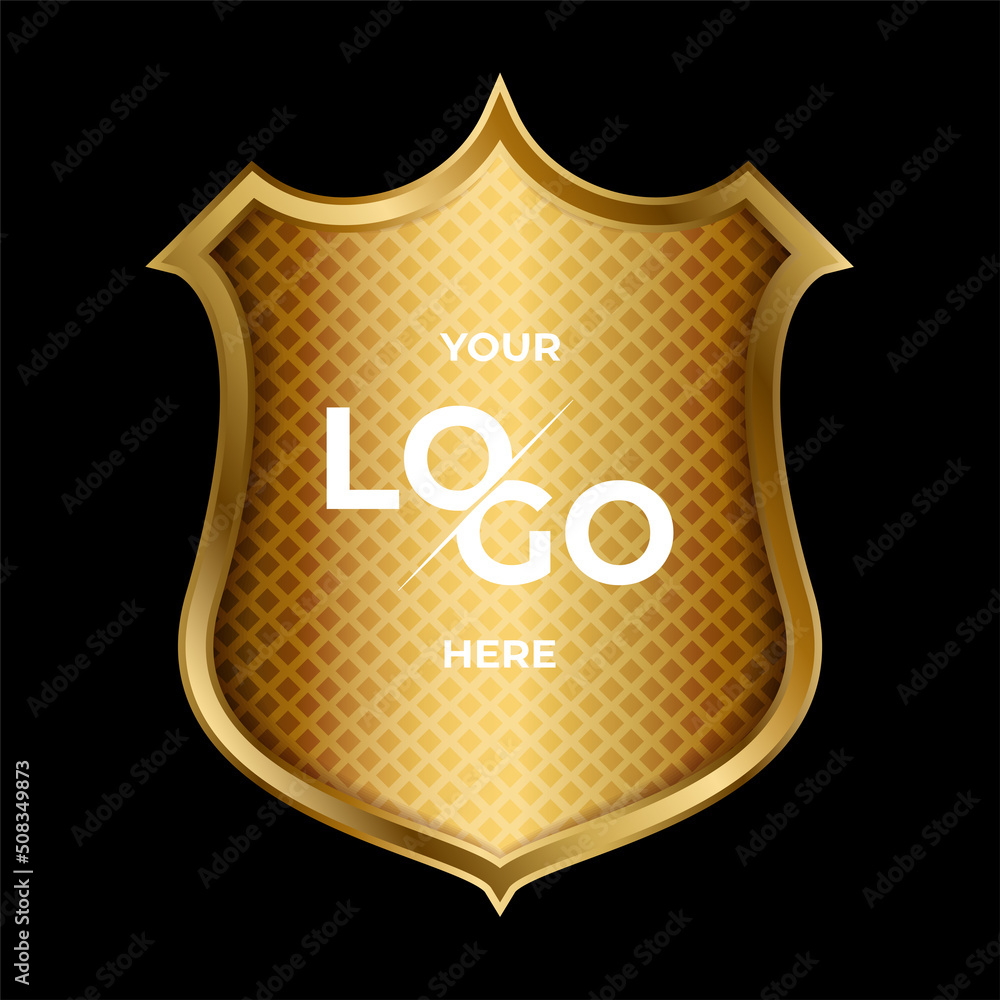 3D gold shield for logo holder with blank label and star. Symbol of ...