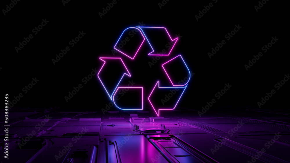 Pink and Blue neon light recycle icon. Vibrant colored Eco technology ...