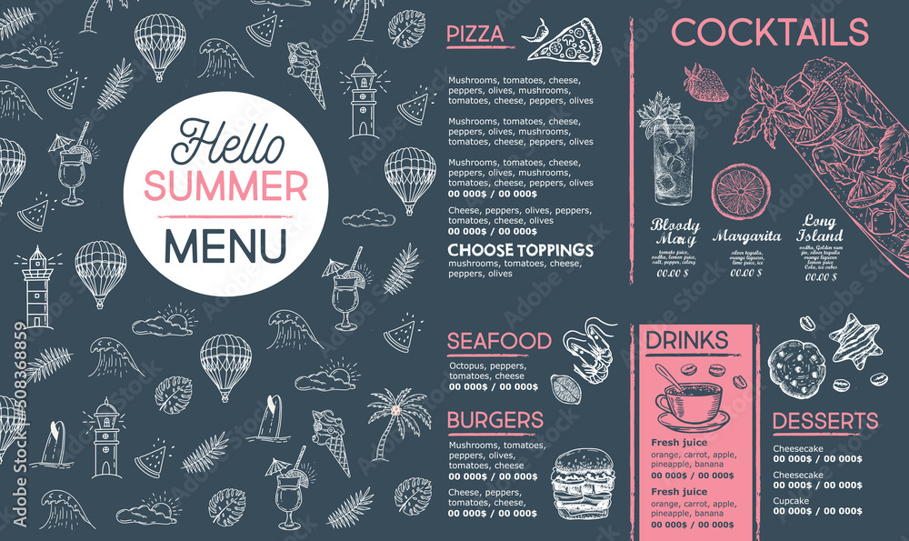 Summer menu, template design. Food flyer. Hand-drawn style. Vector ...
