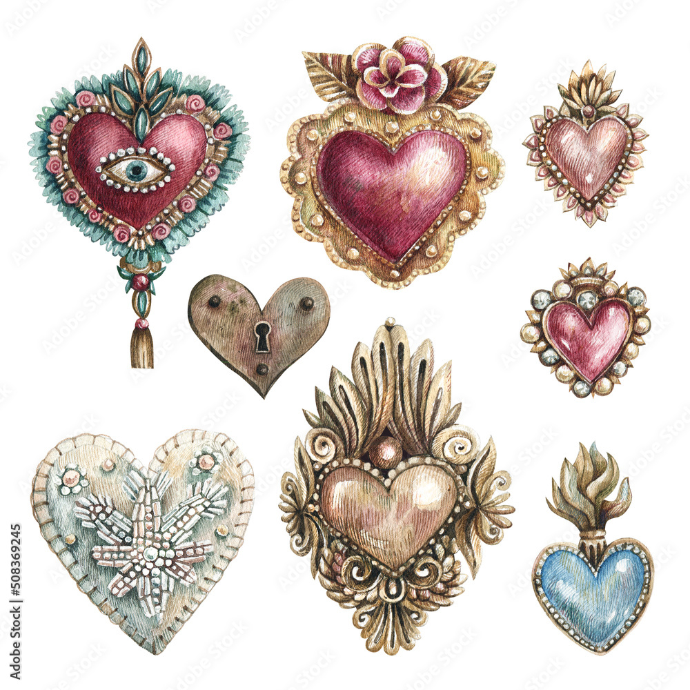 Watercolor illustration set of hearts in vintage style. Hearts with ...