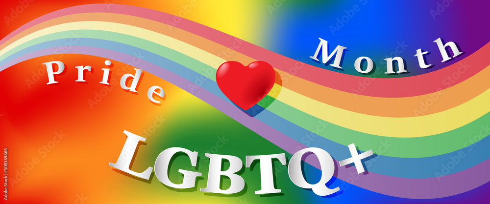 LGBTQ Pride Month. Red heart and white text Pride label on a blurred ...